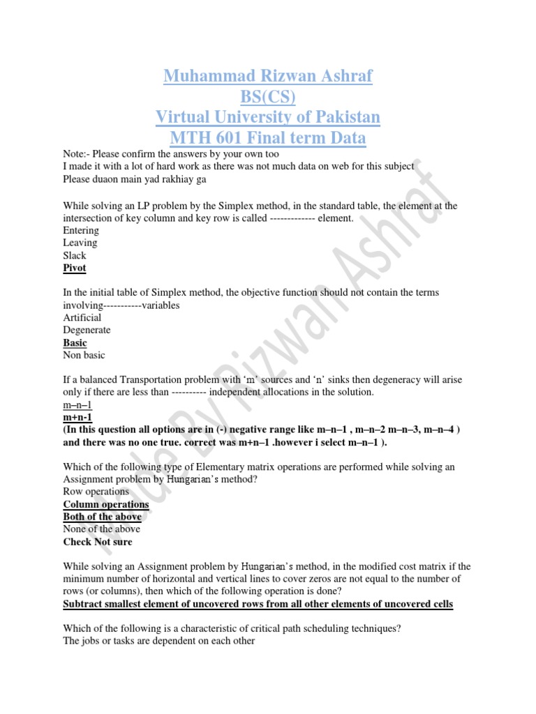 MTH601-11 Kal | PDF | Mathematical Optimization | Linear Programming