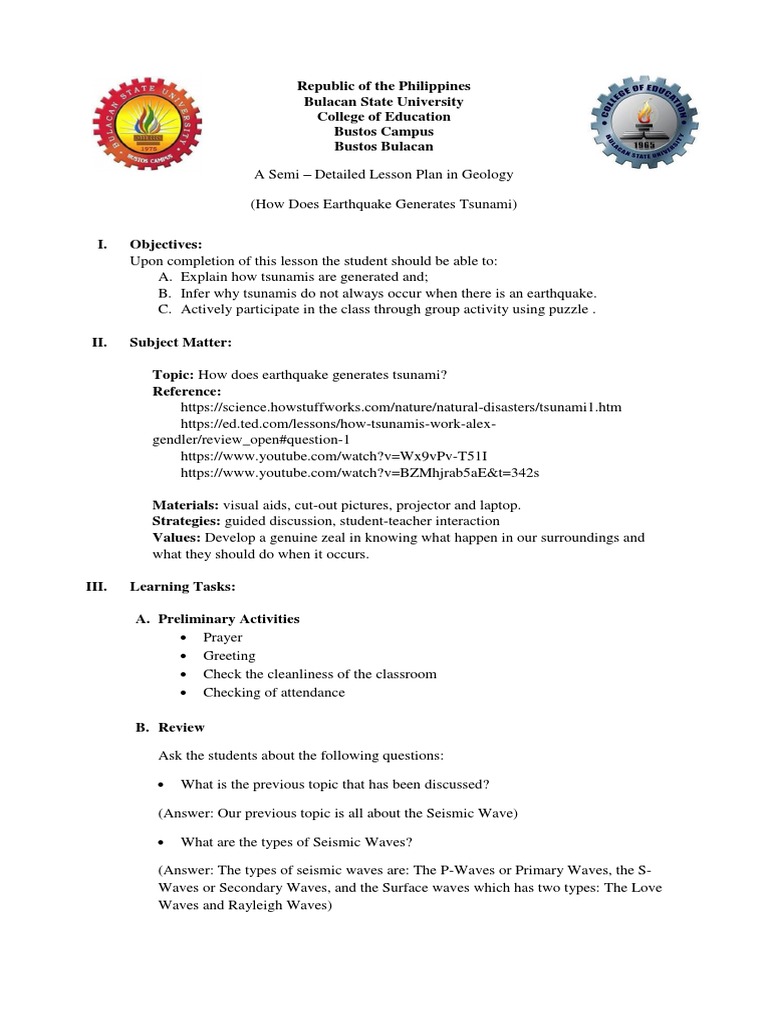Earthquake Semi Detailed Lesson Plan | PDF | Tsunami | Seismology
