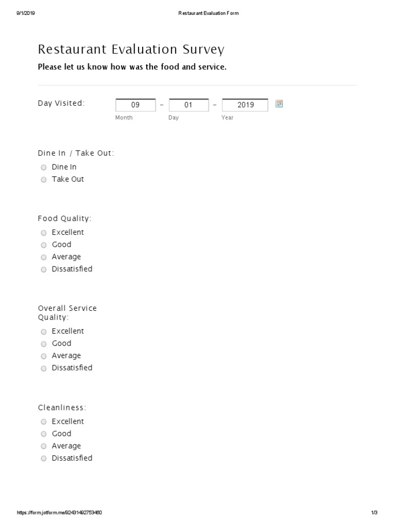 Restaurant Evaluation Form | PDF