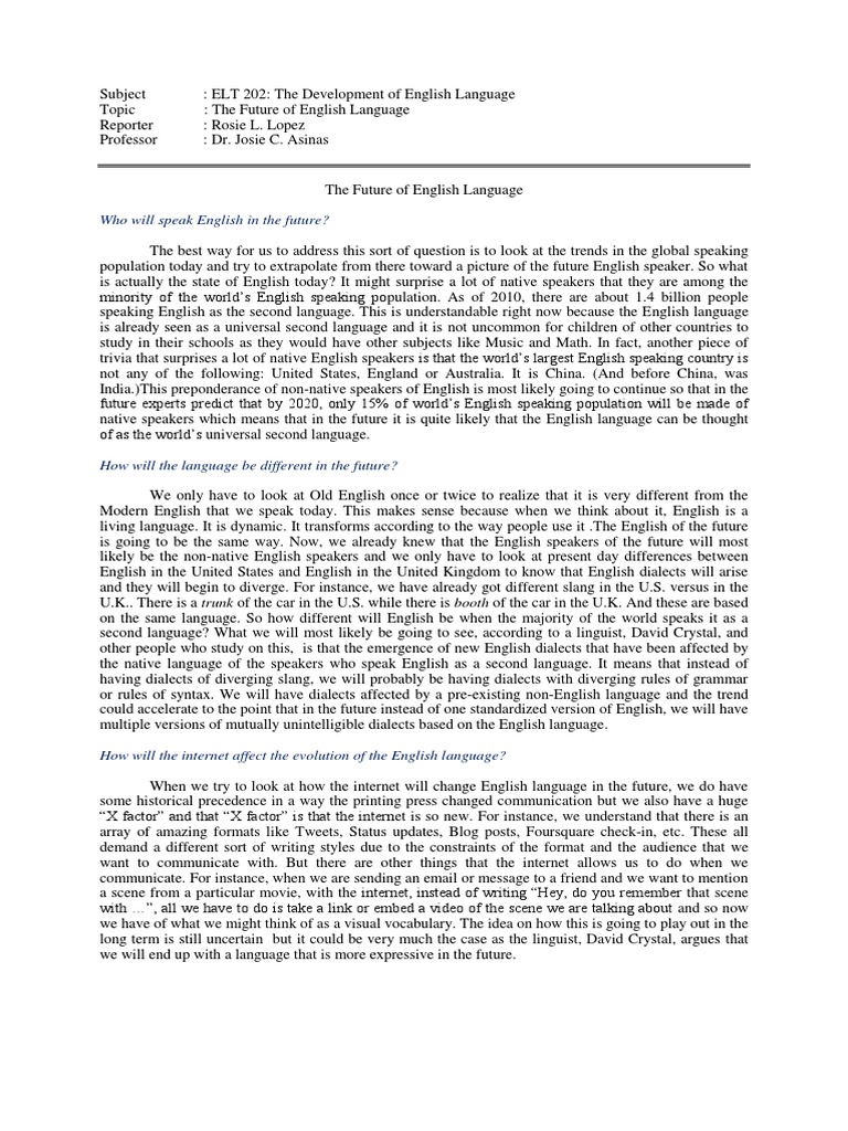 ELT 202 The Future of English Language | PDF | Dialect | English Language