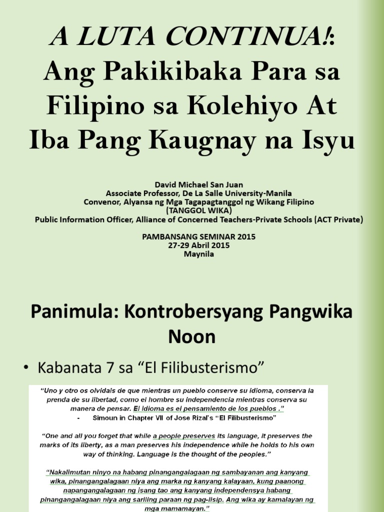 Tanggol Wika Presentation - Filipino Sa | PDF