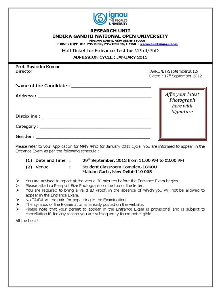 Research Unit Indira Gandhi National Open University: Admission Cycle: January 2013 Prof ...