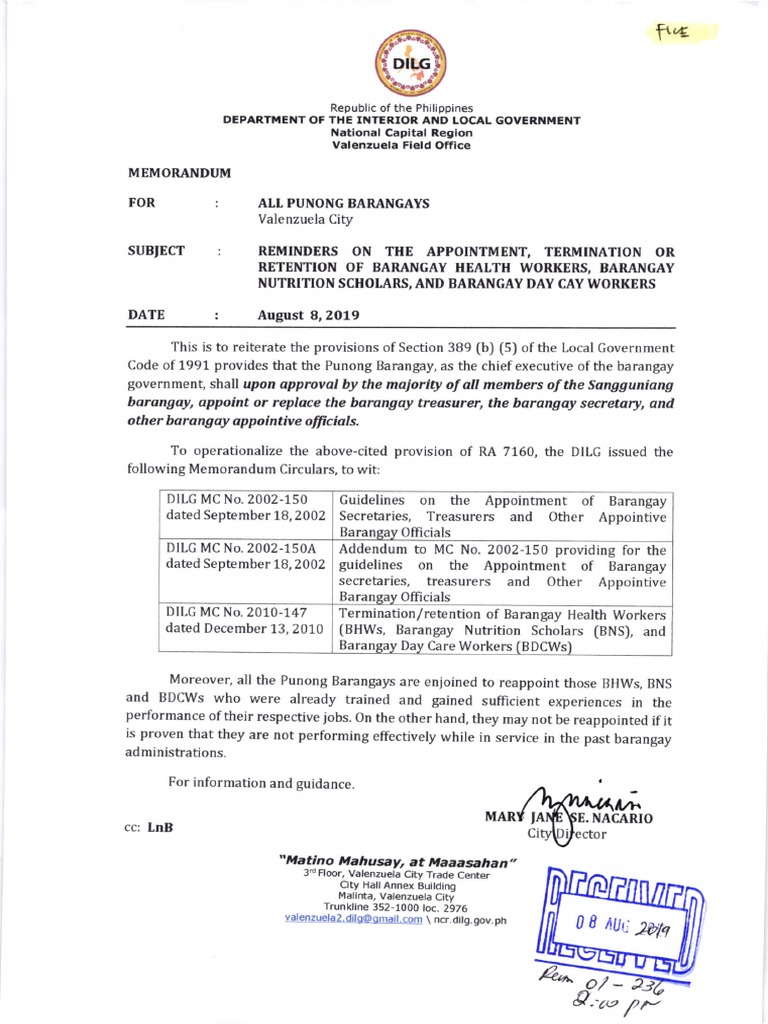 Reminders On The Appointment Termination or Appointment of BHWs BNC ...