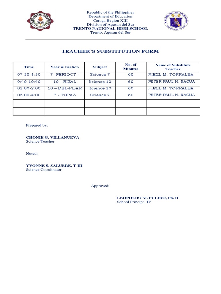 Substitution Form | PDF | Schools | Secondary Education
