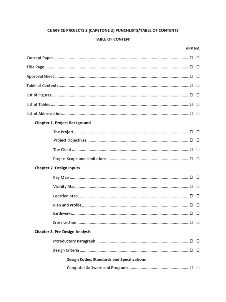 Ce 509 Ce Projects 2 (Capstone 2) Punchlists/Table of Contents Table of ...