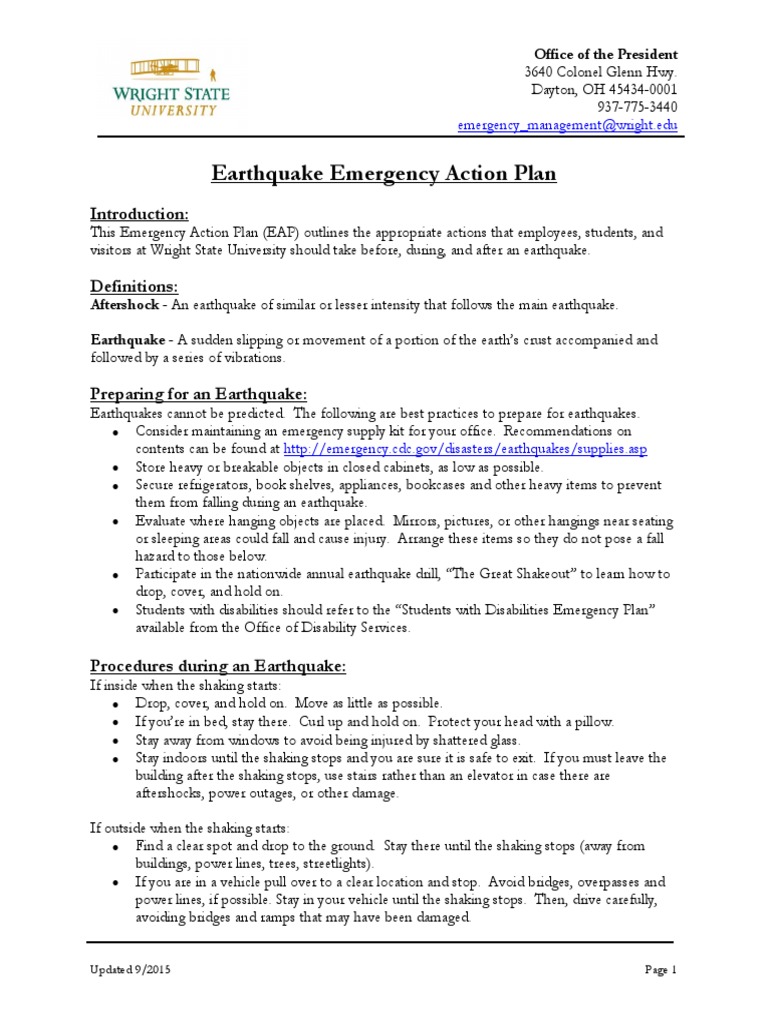 Wright State University Earthquake Emergency Action Plan: Procedures ...