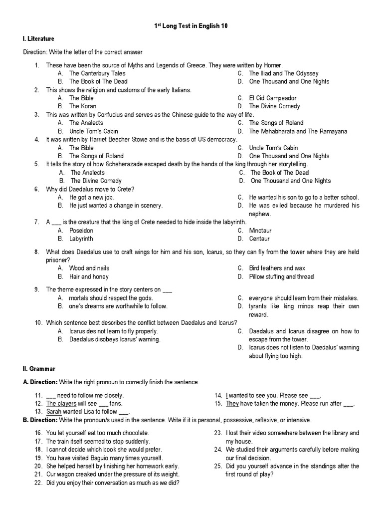 English 10 Literature and Grammar Test | PDF | One Thousand And One Nights