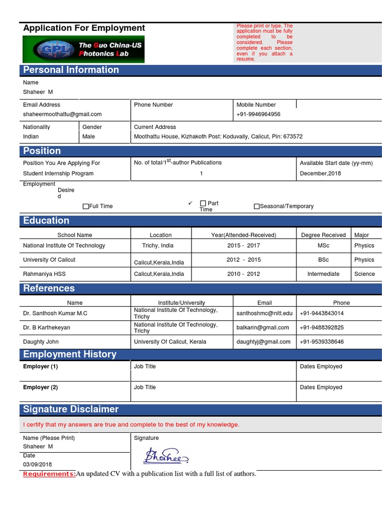 Personal Information: Application For Employment | PDF | Business