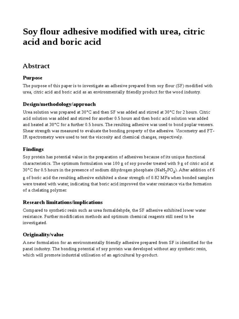 Soy Flour Adhesive Modified With Urea, Citric Acid and Boric Acid | PDF ...