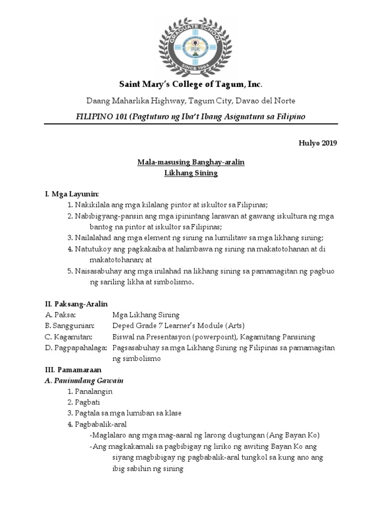 FIL 101 Lesson Plan For Demo (Sining) | PDF