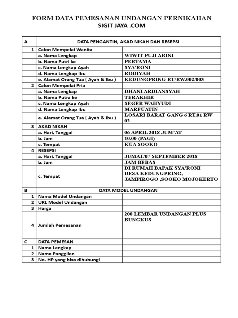 Form Data Pemesanan Undangan Pernikahan | PDF