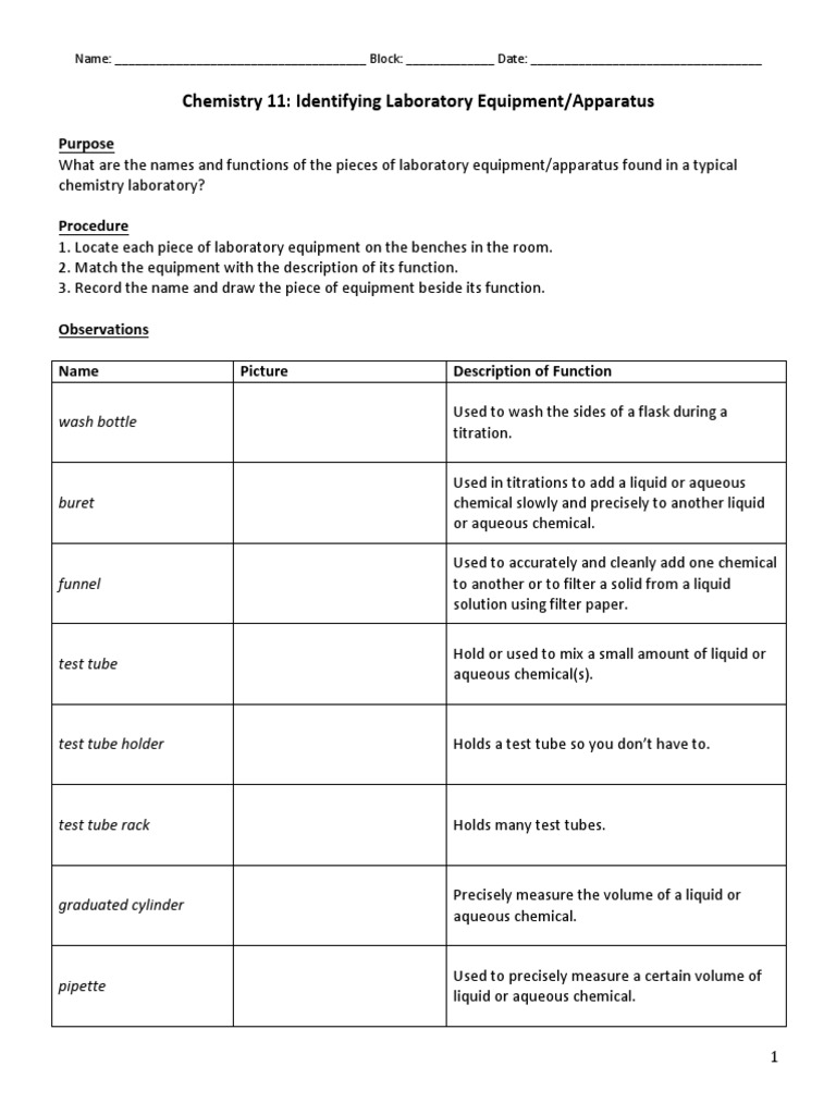Chemistry 11: Identifying Laboratory Equipment/Apparatus | PDF ...