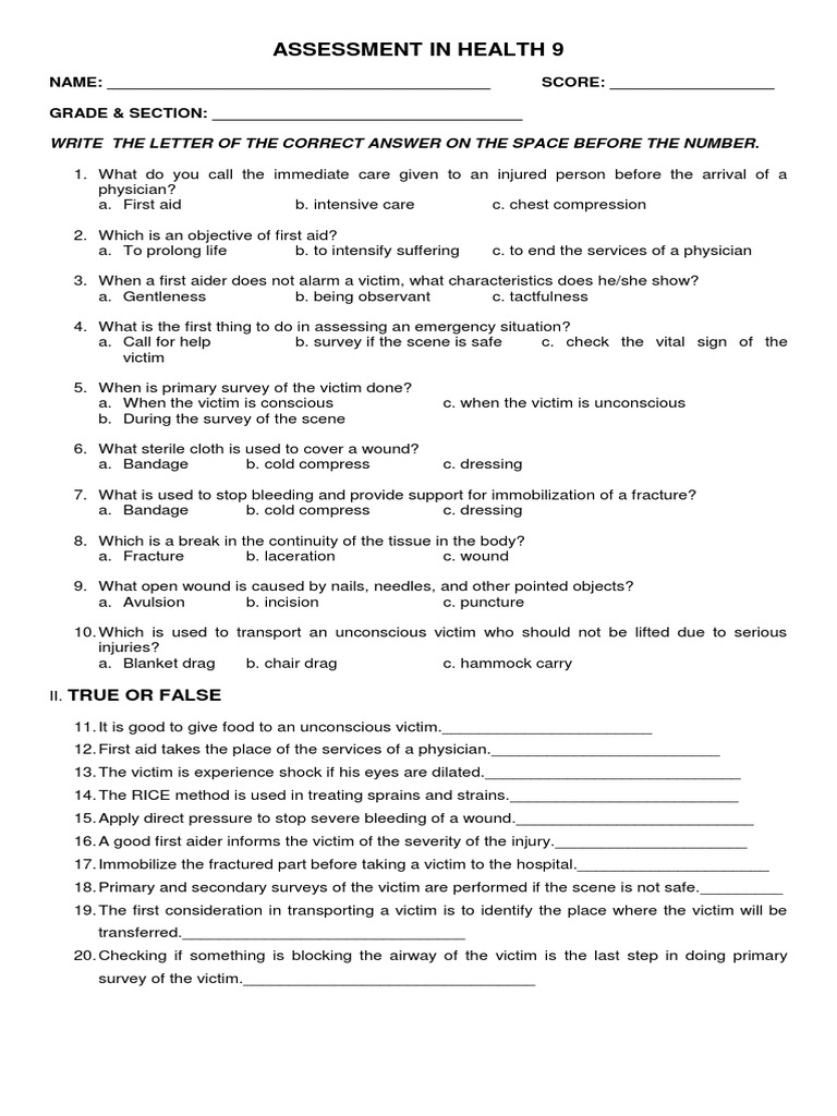 Health 9 Quarter 2 Assessment | PDF | First Aid | Injury