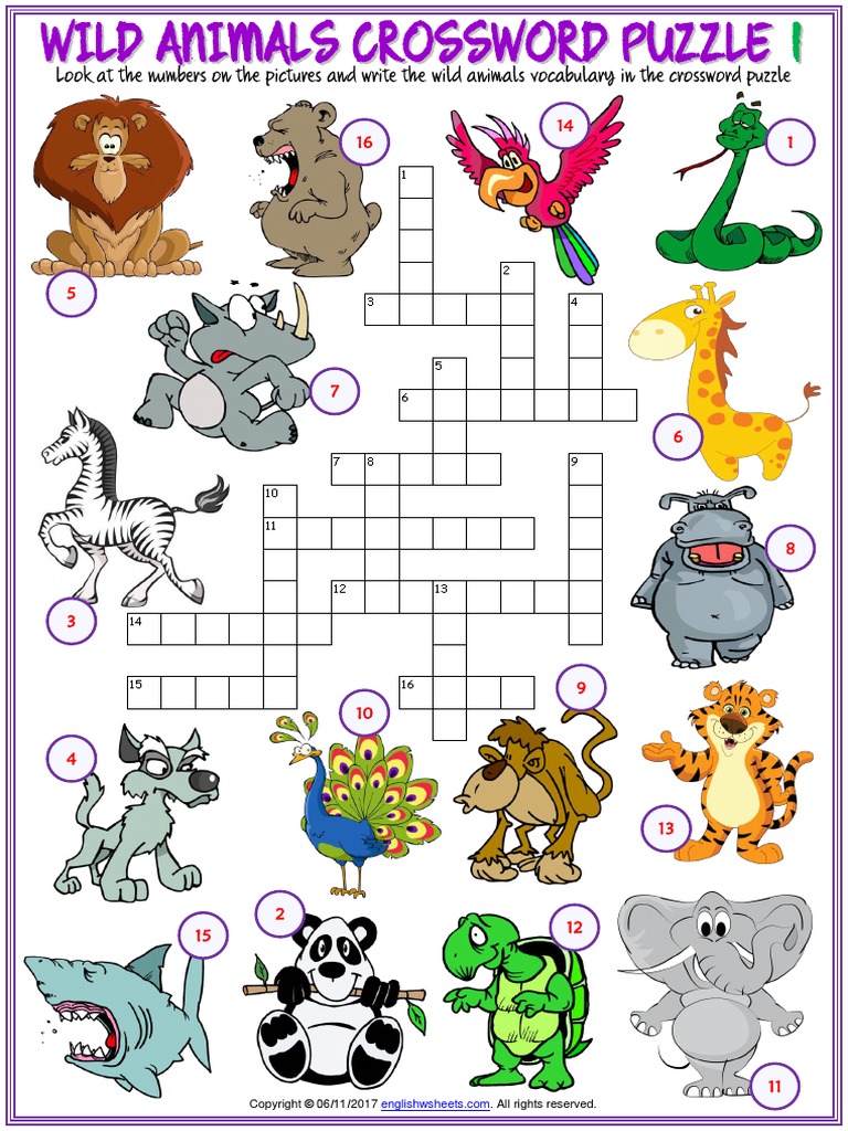 Animals Vocabulary Esl Crossword Puzzle Worksheets For Kids PDF | PDF ...