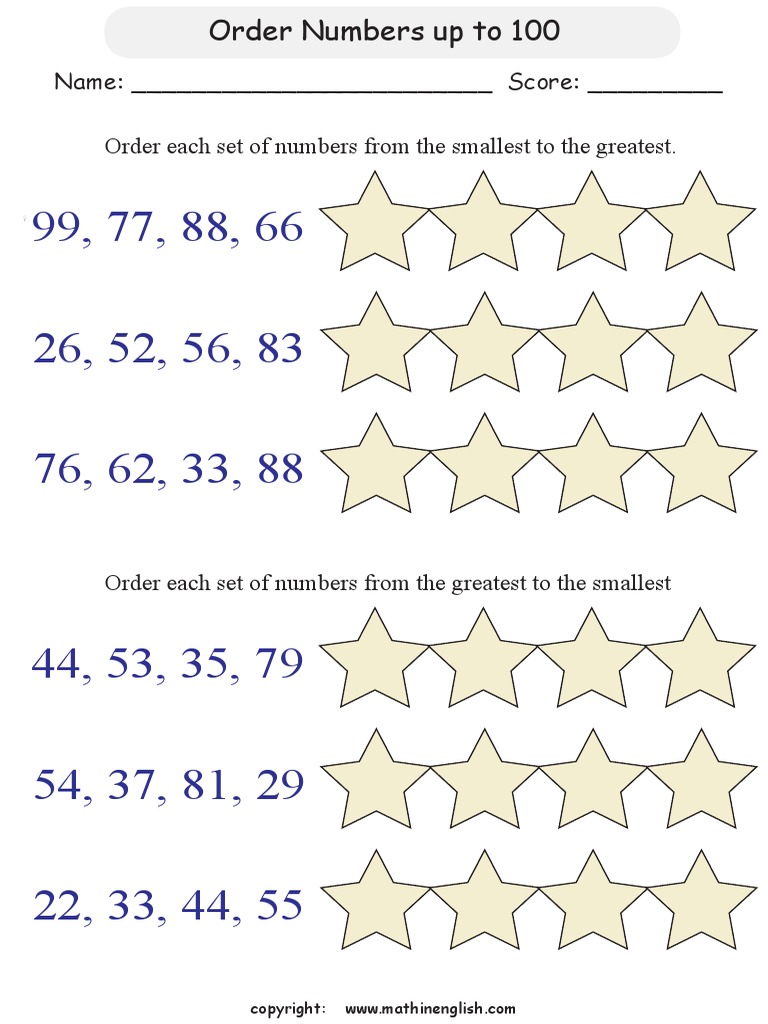 Name: - Score: - Order Each Set of Numbers From The Smallest To The ...