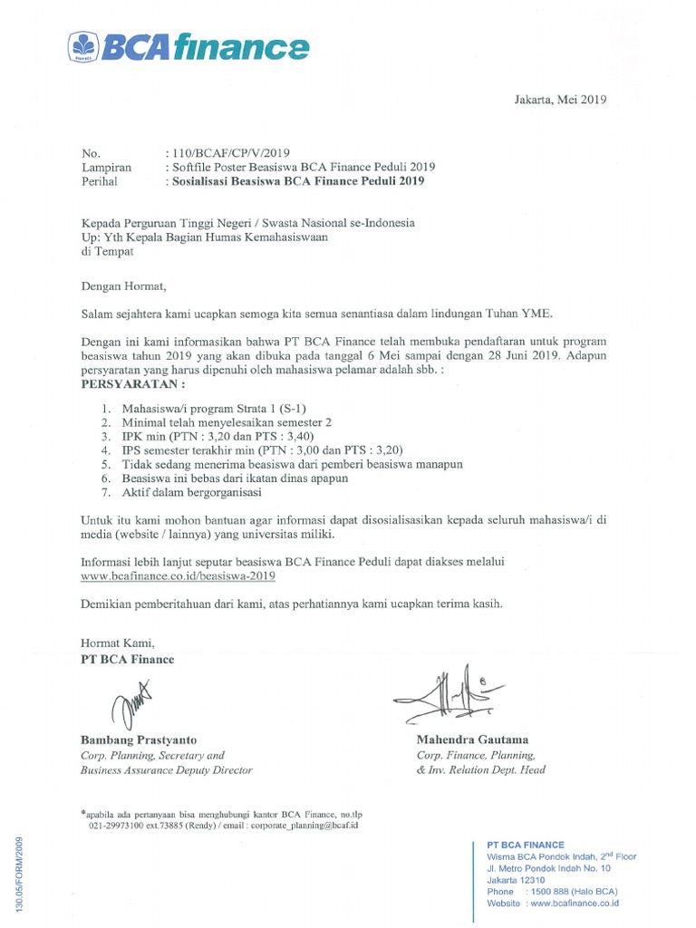 Surat Pengantar Beasiswa PT BCA Finance PDF | PDF