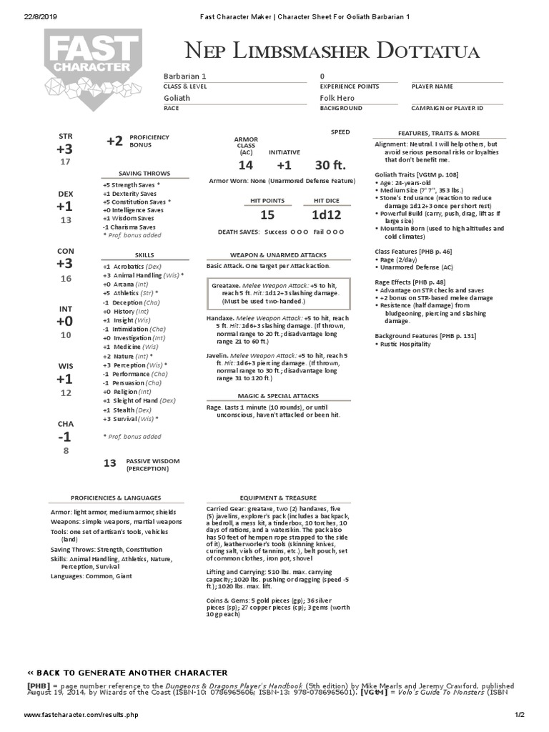 Fast Character Maker - Character Sheet For Goliath Barbarian 1 | PDF ...