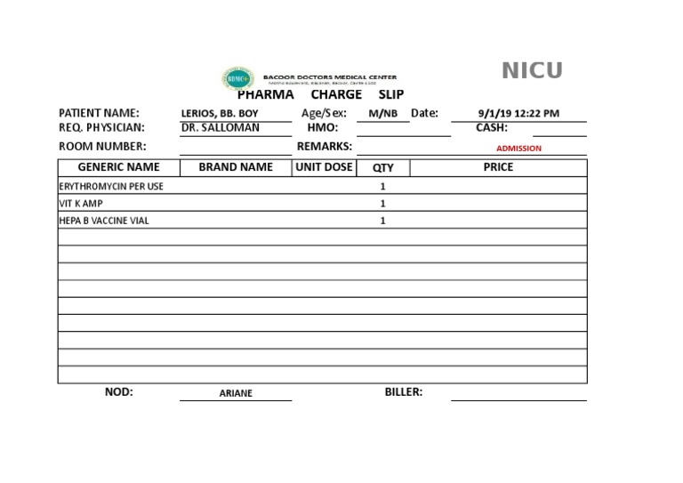 Pharma Charge Slip: Patient Name: Age/Sex: Date: Req. Physician: Dr ...