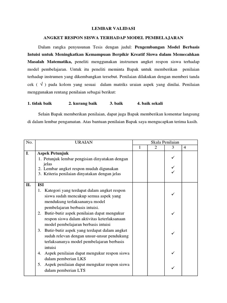Lembar Validasi Angket Respon Siswa - Riset