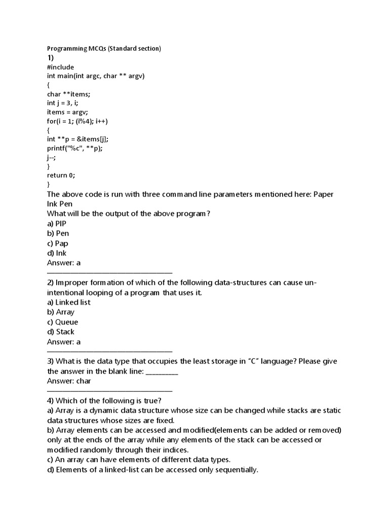 Programming MCQs | Download Free PDF | C (Programming Language) | Array Data Structure