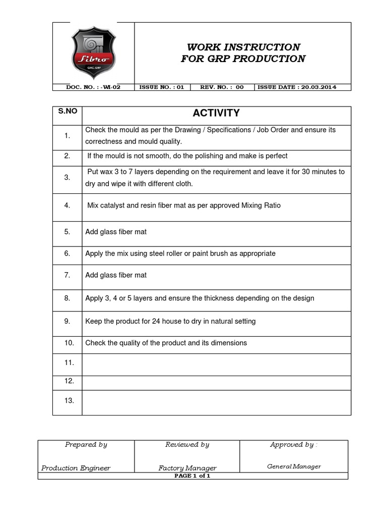 GRP Production Work Instruction | PDF