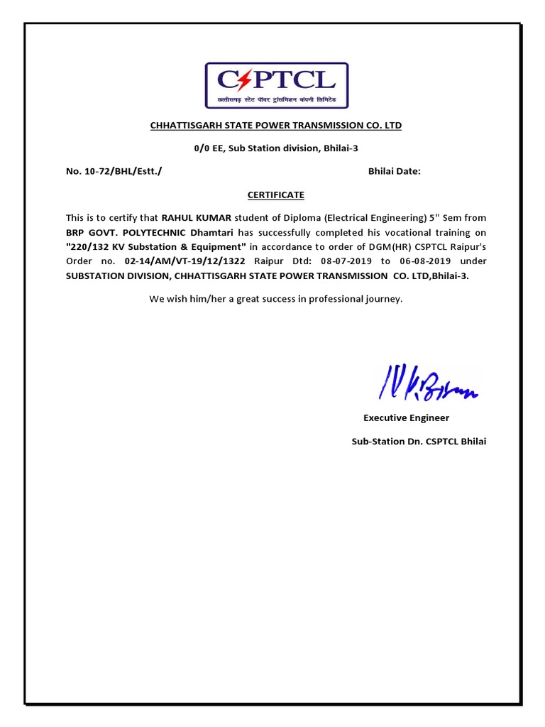 Certificate for Completing Vocational Training at CSPTCL Substation ...