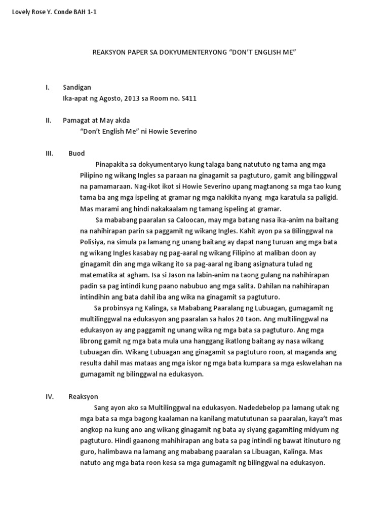 Reaksyon Paper Sa Dokyumenteryong Don T English Me | PDF