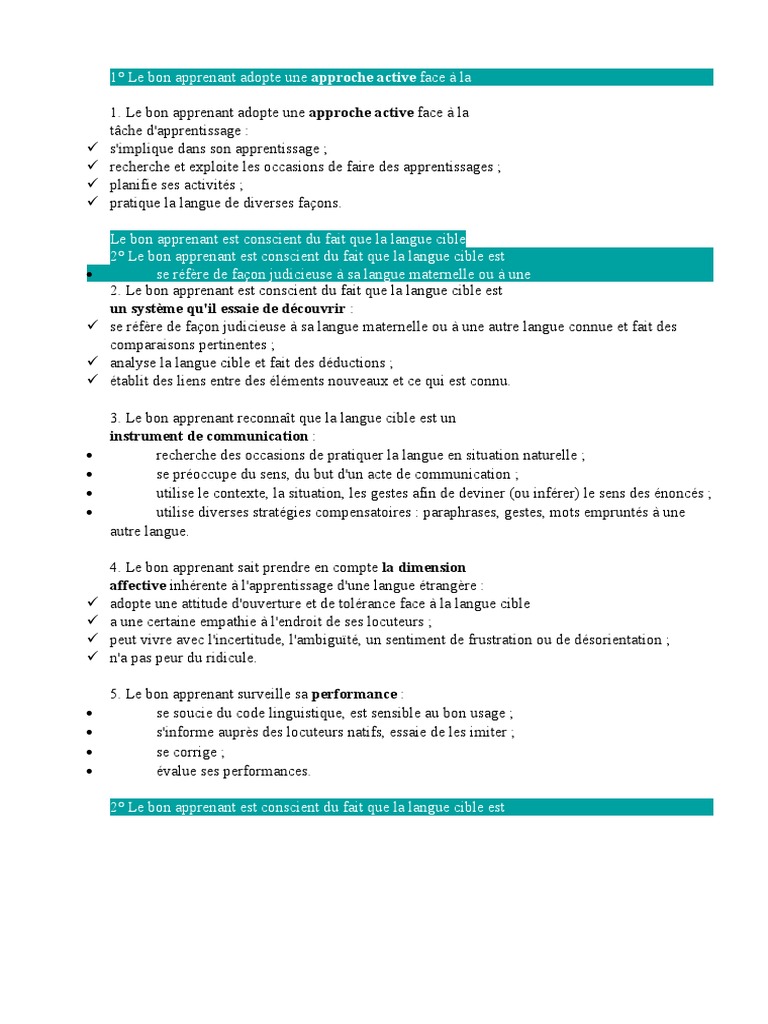 Stratégies pour un bon apprenant de langue | PDF