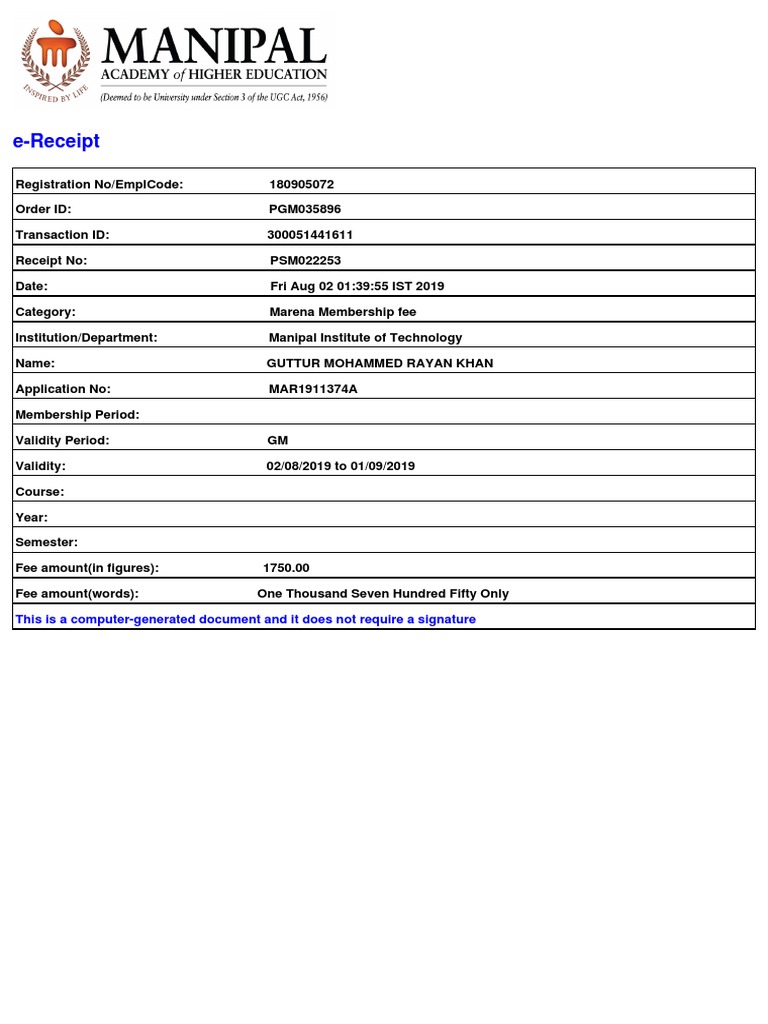 E-Receipt: This Is A Computer-Generated Document and It Does Not ...