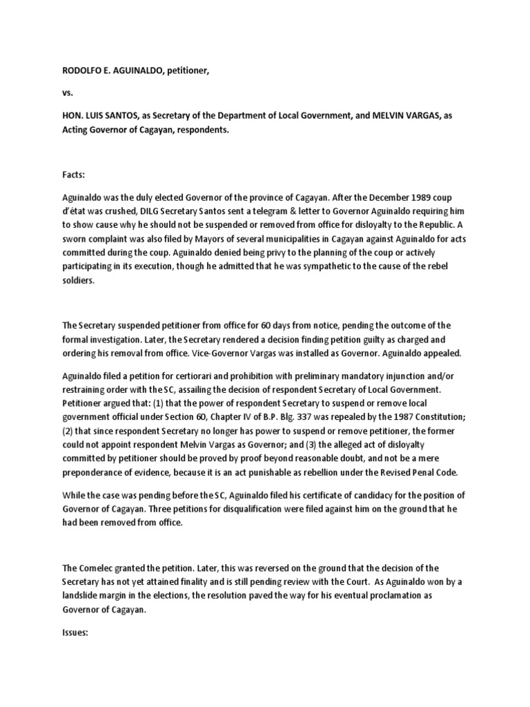 Aguinaldo's Re-election and Suspension Case | PDF | President Of The ...