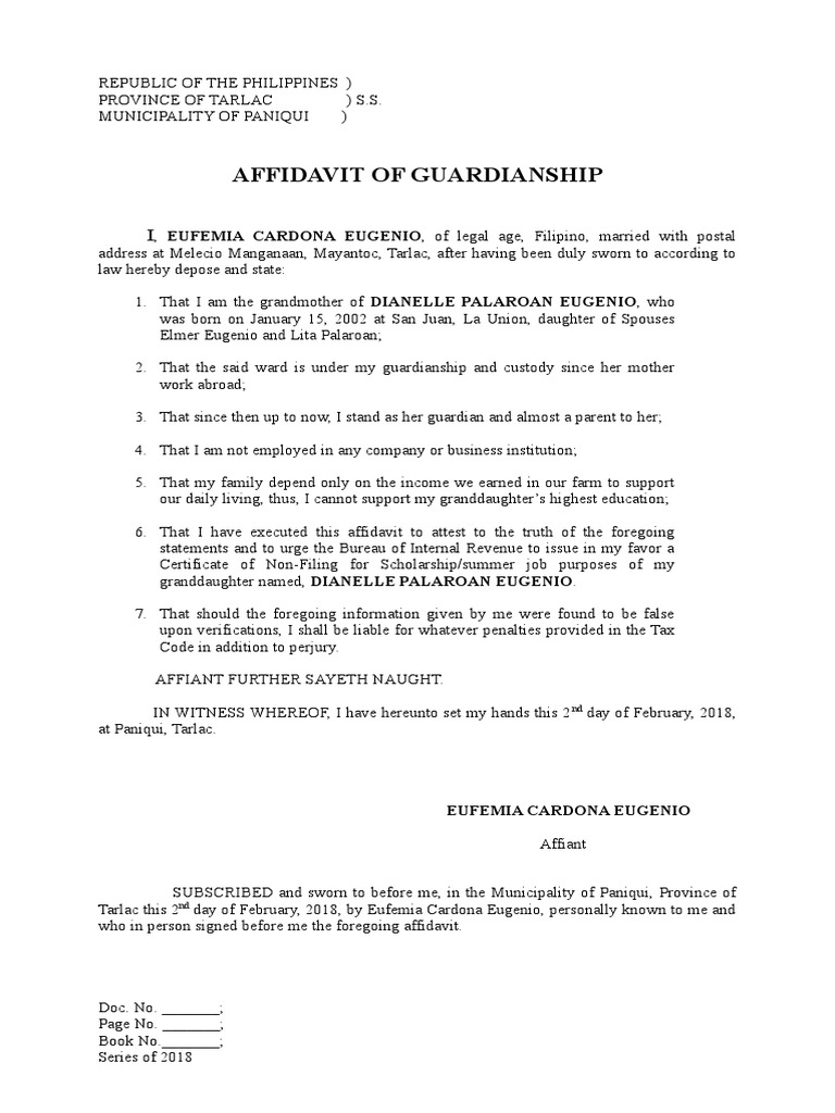 Affidavit of Guardianship | PDF | Affidavit | Justice