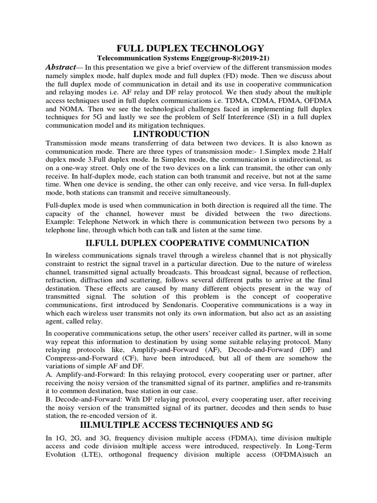 Full Duplex Technology: Telecommunication Systems Engg (Group-8) (2019 ...