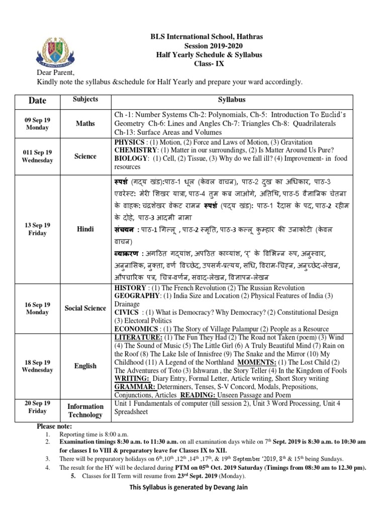Class 9 Half Yearly Syllabus 2019-20 | PDF | Foreign Language Studies