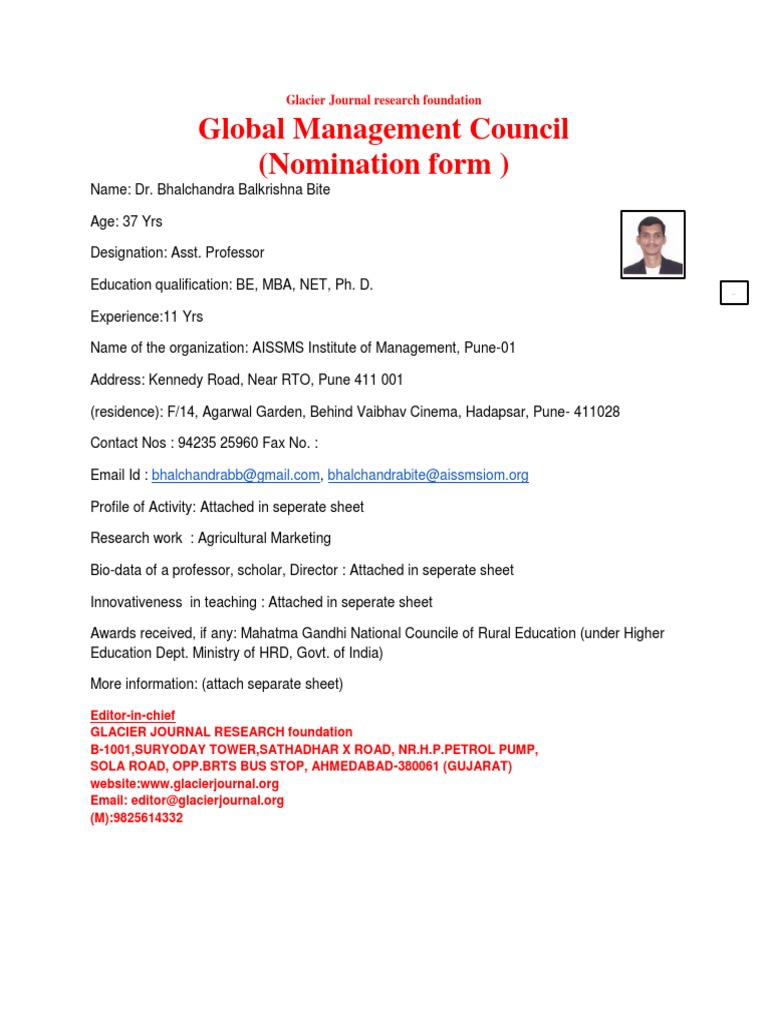Nomination Form for Dr. Bhalchandra Bite | PDF | Career & Growth ...