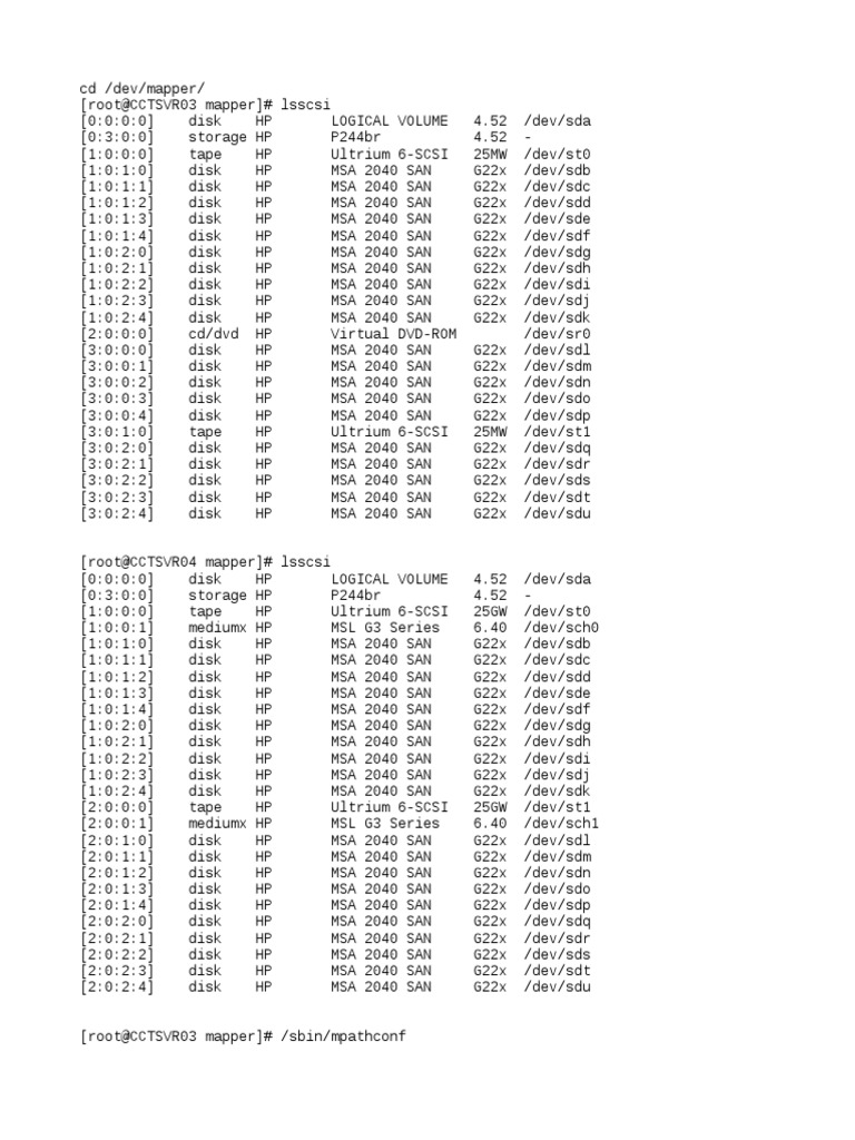 Lsscsi Output and Multipath Configuration on Two Servers | PDF | Hard ...