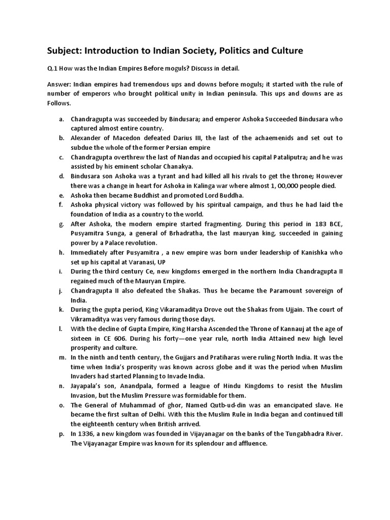 Subject: Introduction To Indian Society, Politics and Culture | PDF ...