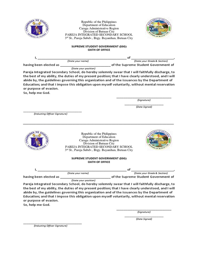 Supreme Student Government (SSG) Oath of Office: (State Your Name ...