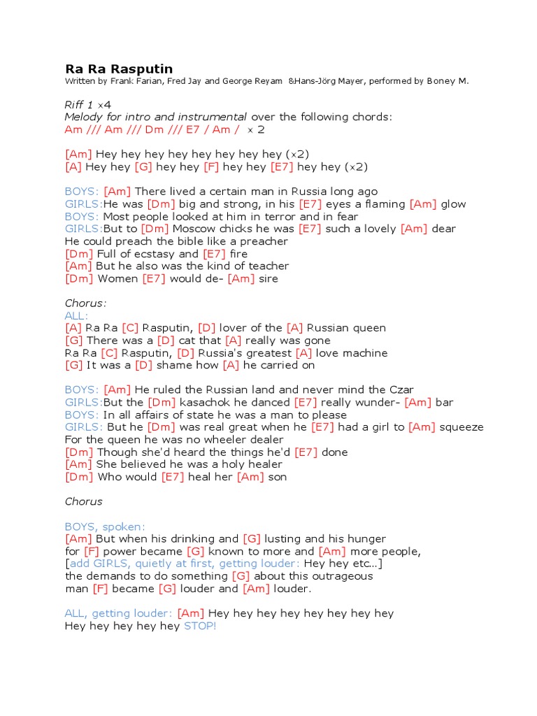 Ra Ra Rasputin: Riff 1 x4 Melody For Intro and Instrumental Over The ...