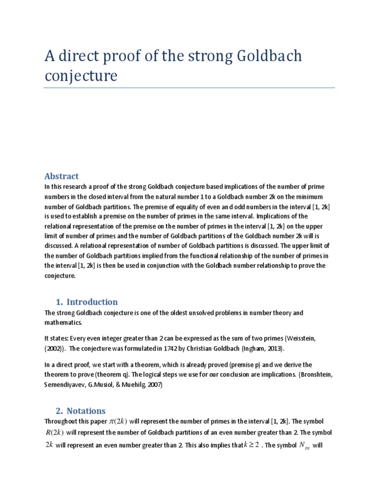A Direct Proof of The Strong Goldbach Conjecture: K RK N | PDF | Prime ...