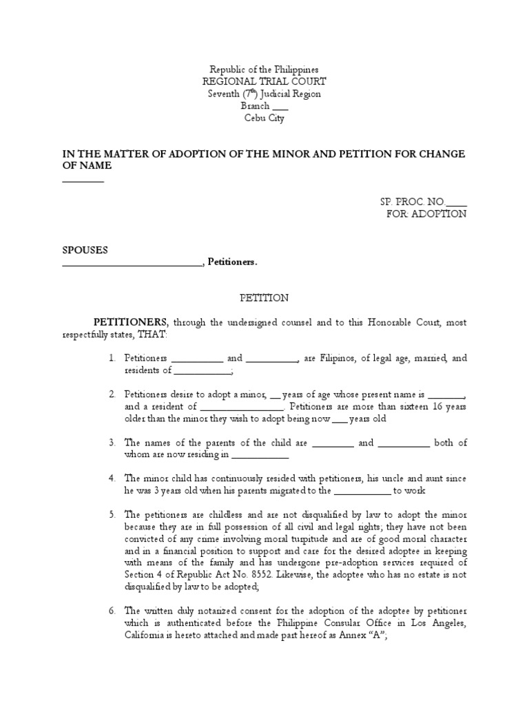 Sample Petition For Adoption | PDF | Best Interests | Adoption