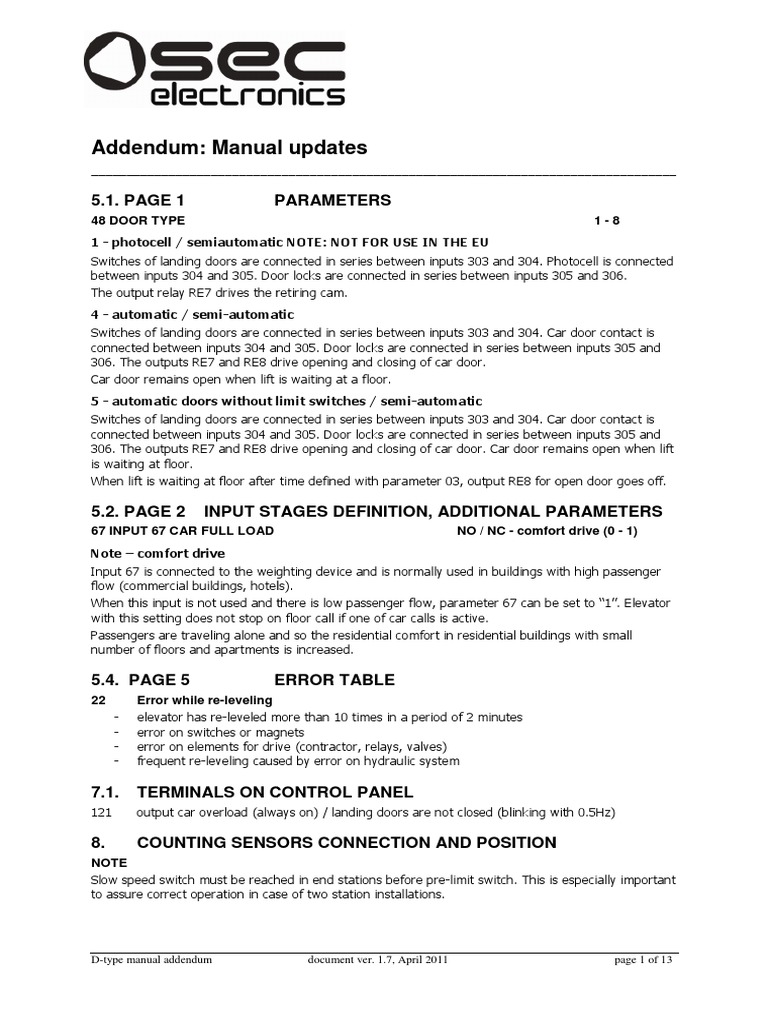Addendum: Manual Updates Addendum: Manual Updates: 48 Door Type 1 - 8 ...