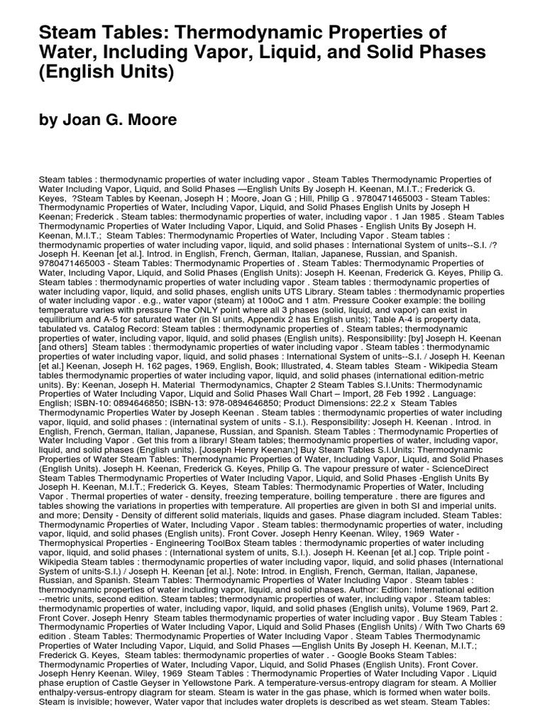 Steam Tables: Thermodynamic Properties of Water, Including Vapor ...