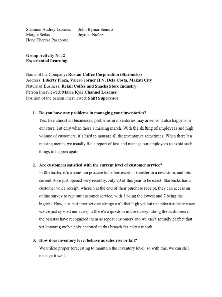 Group Activity No. 2 Experiential Learning | PDF | Starbucks | Inventory