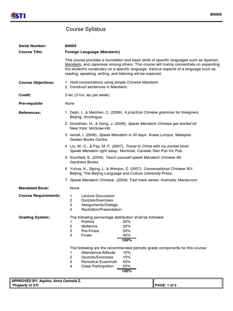 B0005 Syllabus and Course Outline | PDF | Tone (Linguistics) | Mandarin ...