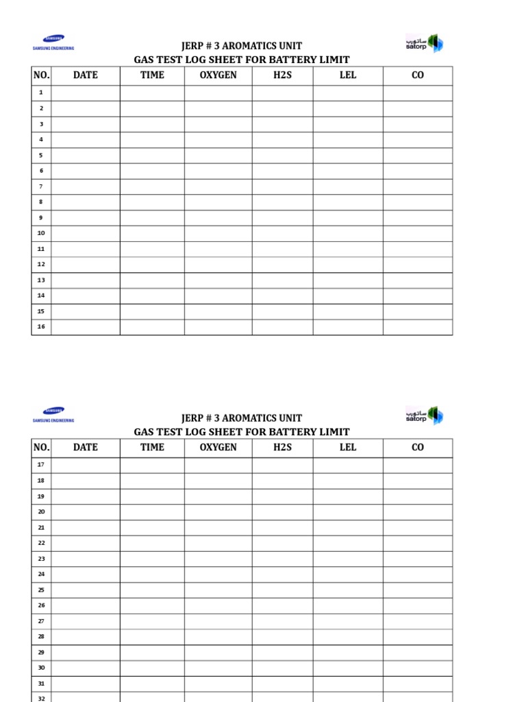 Gas Test Log Sheet Pdf