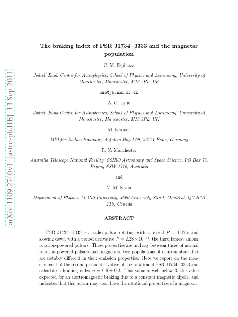 The Braking Index of PSR J1734 3333 and The Magnetar Population | PDF ...