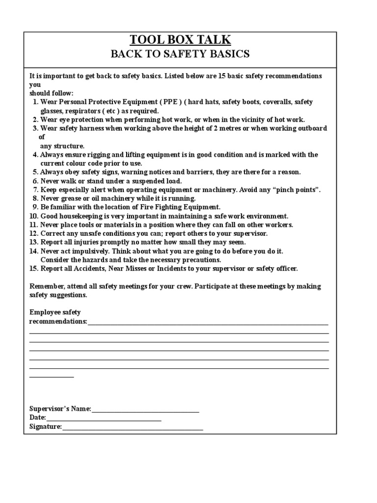 Tool Box Talk: Back To Safety Basics | PDF