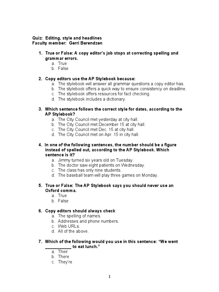 Editing Style Headlines Quiz WithoutAnswers | PDF | Copy Editing ...