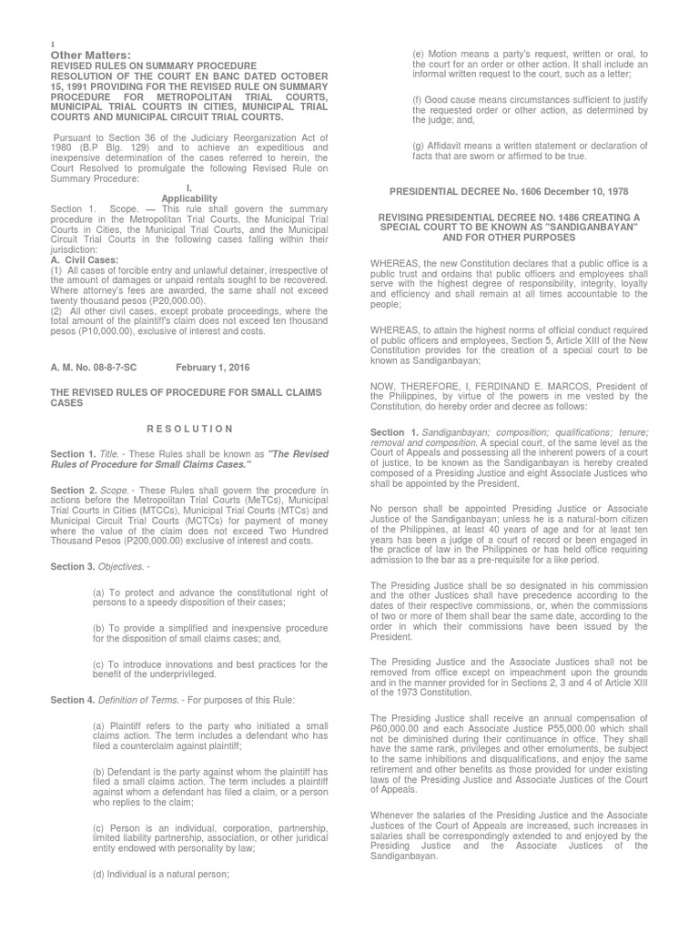 Other Matters:: Rules of Procedure For Small Claims Cases." | PDF ...