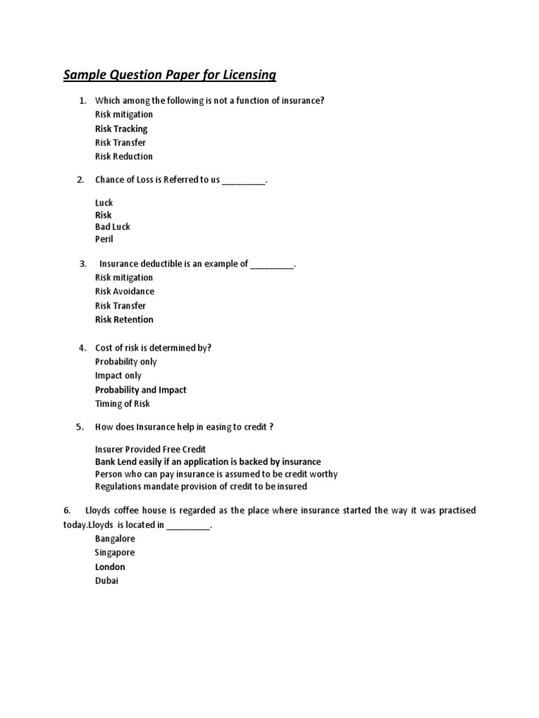 Sample Question Paper For Licensing - Ver 1 | PDF | Insurance Broker ...